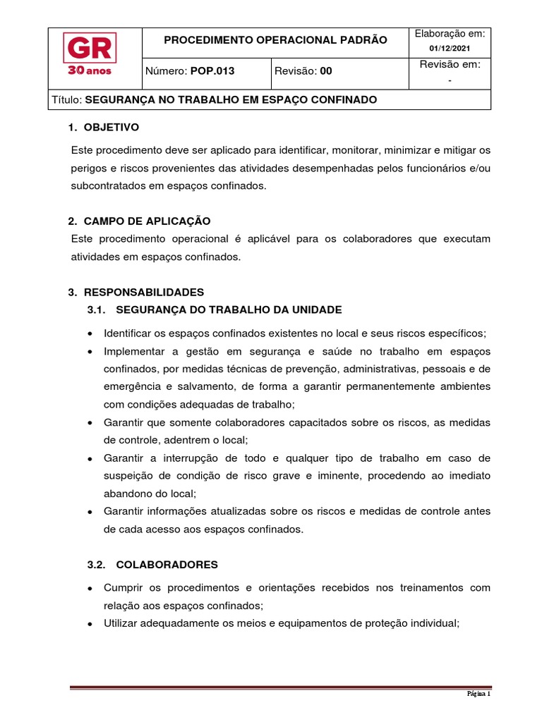 POP.013 - Procedimento para Trabalho em Espaço Confinado | PDF ...