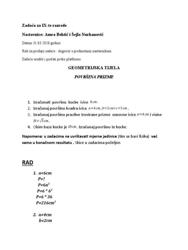 Povrsina Prizme-Zadaca | PDF