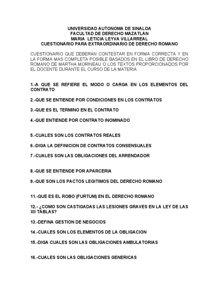 Cuestionario para Extra Derecho Romano | PDF | Justicia | Crimen y violencia