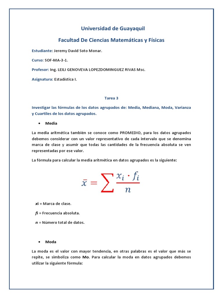 Tarea 3-Formulas de Los Datos Agrupados-Jeremy Soto | PDF | Mediana ...