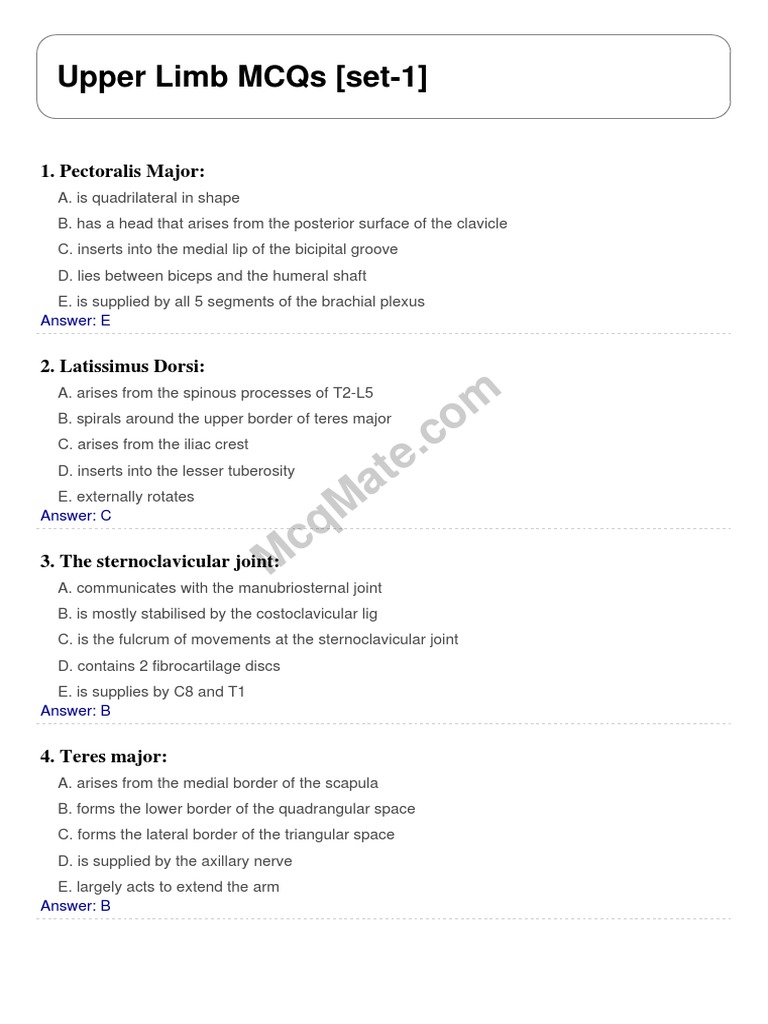 Upper Limb Solved MCQs [Set-1] McqMate.com | PDF | Arm | Anatomical Terms Of Motion