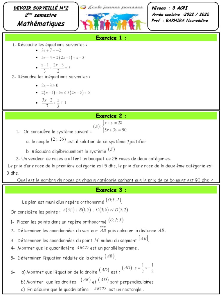 Devoir surveillé 2 Math 3AC Semestre 2 | PDF | Méthodes et références ...