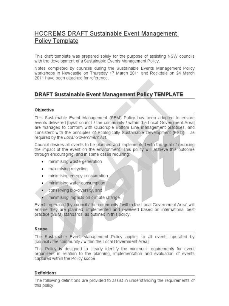 DRAFT Sustainable Event Management Policy Template | PDF ...