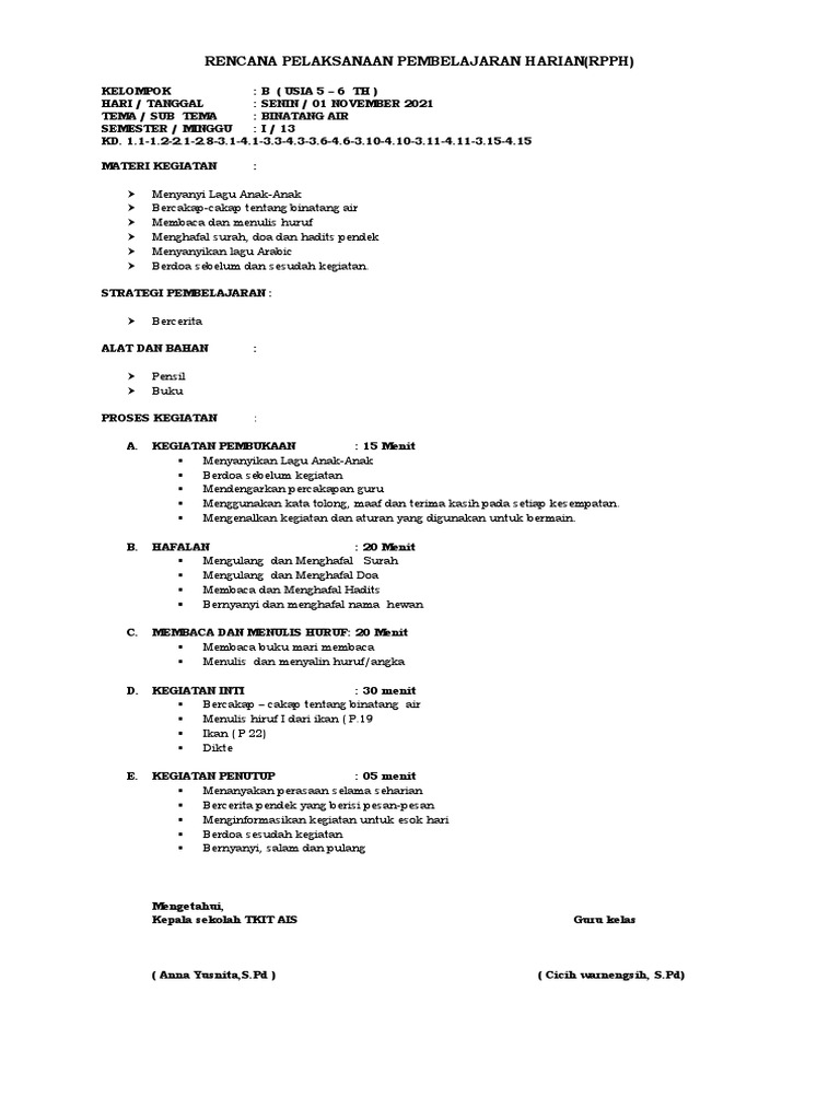 RPPH Kegiatan PAUD: Binatang Air | PDF