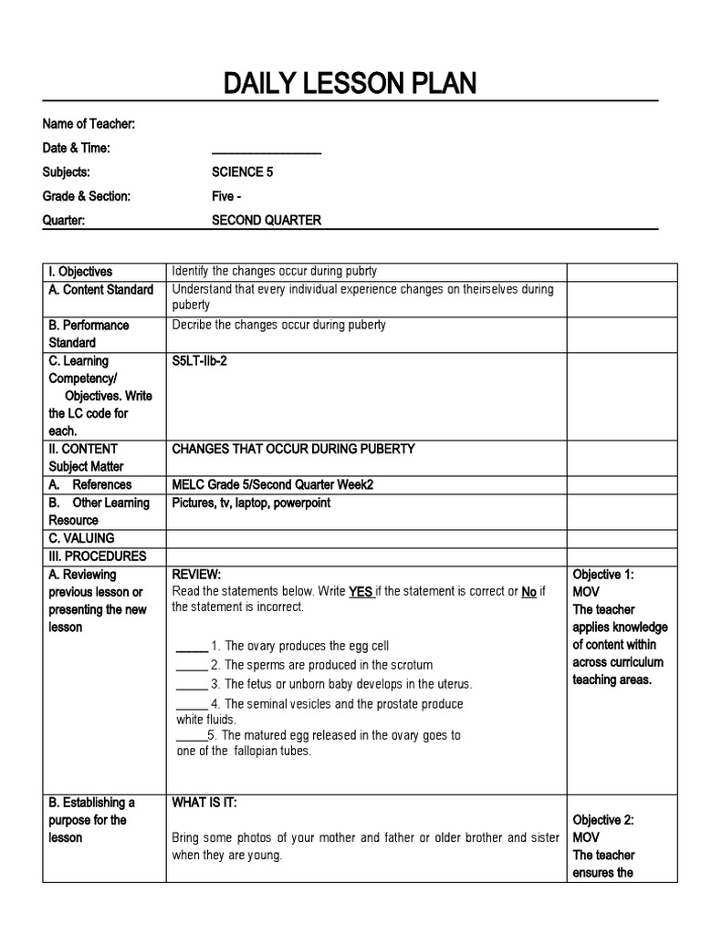 Puberty Changes Lesson Plan for Grade 5 | PDF | Puberty | Adolescence