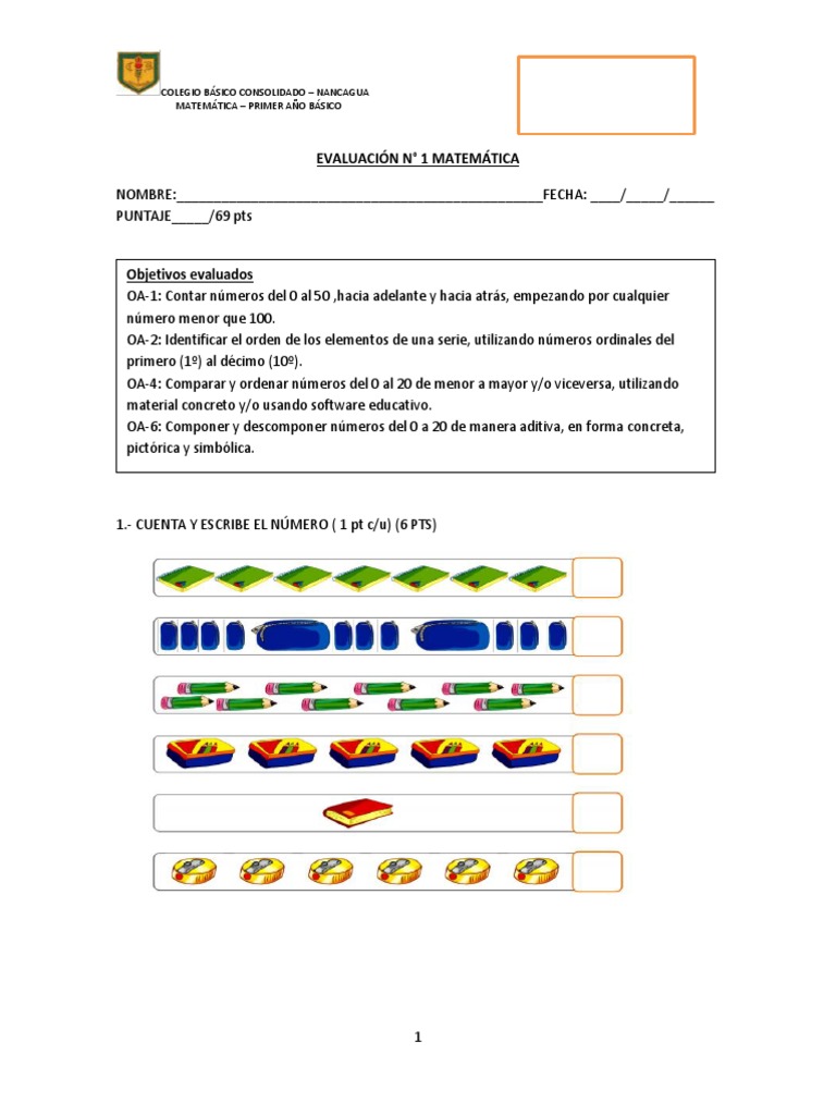 Evaluación Matemática 1° A | PDF