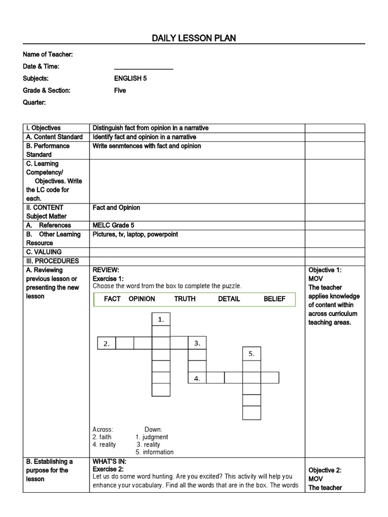 GRADE-5-COT-ENGLSIH-FACT-AND-OPINION | PDF | Learning | Teachers