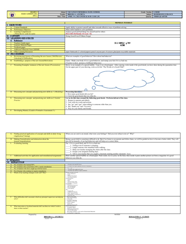 Grade 2 Homeroom Guidance DLL | PDF | Learning | Teachers
