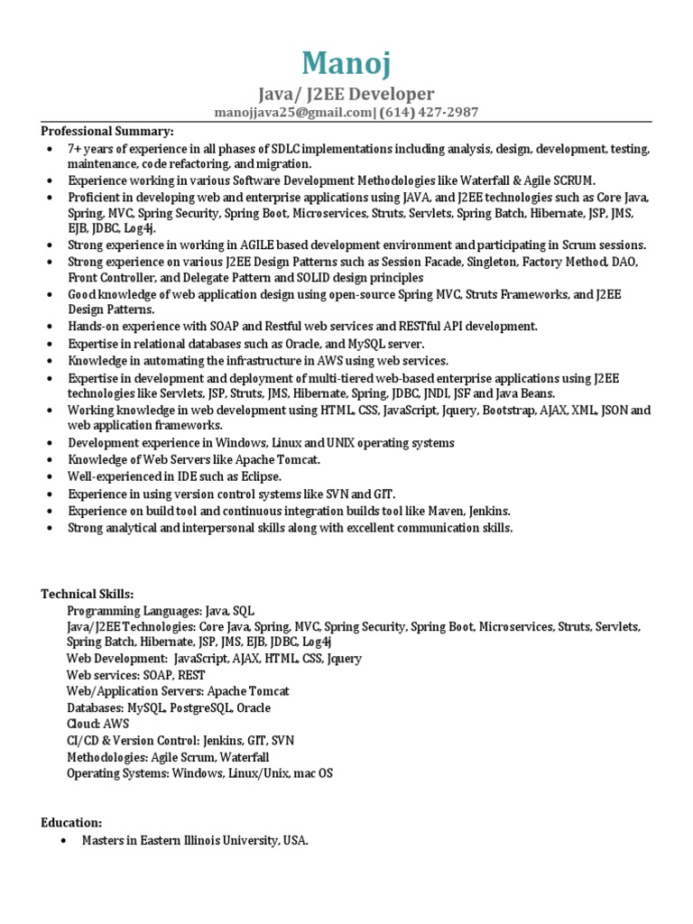 Manoj Java J2EE Resume | PDF | Spring Framework | Java (Programming Language)