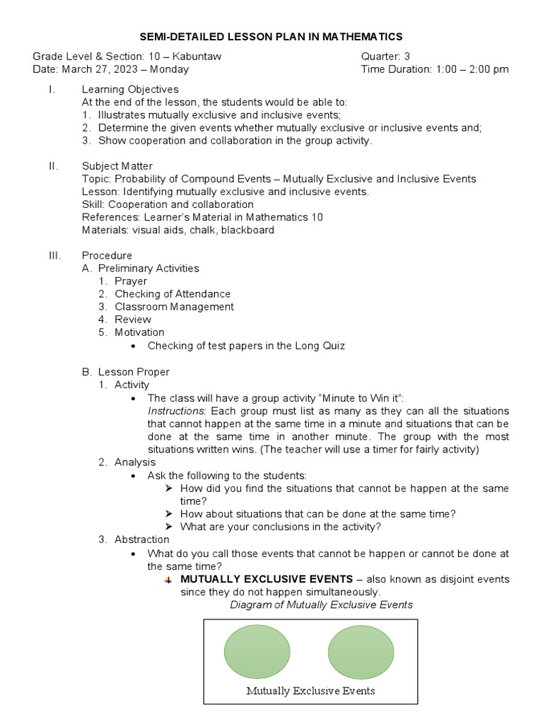 SEMI-DETAILED LESSON PLAN DAY 7 Week 4 | PDF | Lesson Plan | Probability