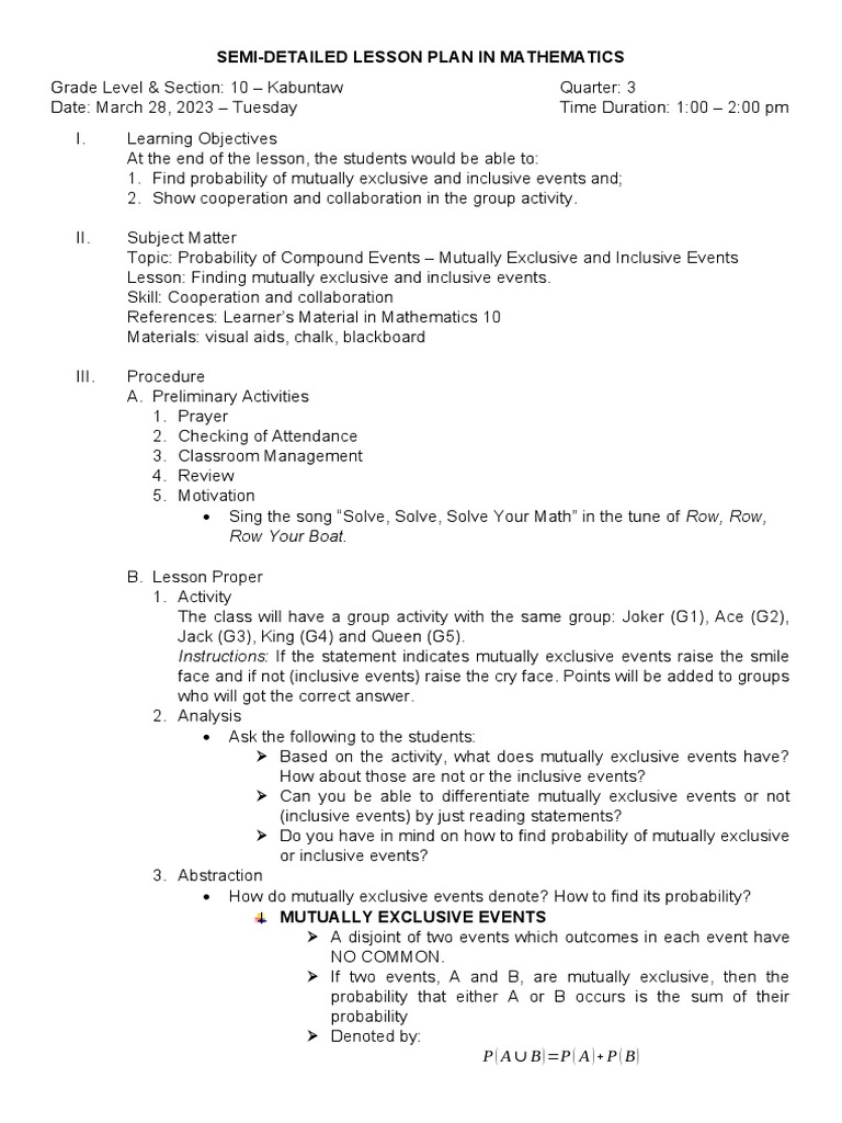 SEMI-DETAILED LESSON PLAN DAY 8 Week 4 | PDF | Lesson Plan | Probability