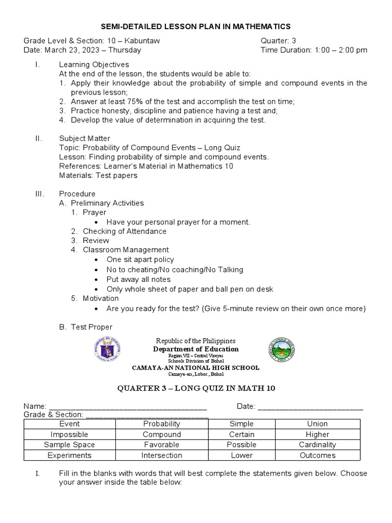 SEMI-DETAILED LESSON PLAN DAY 6 Week 4 (Long Quiz) | PDF | Probability ...