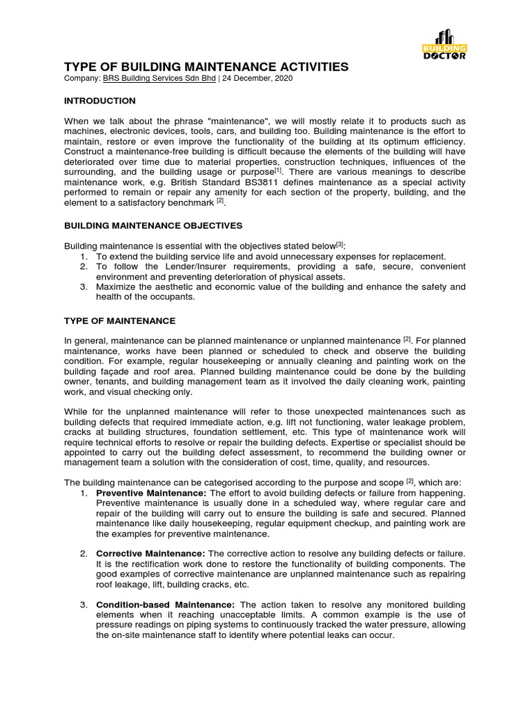 Types of Building Maintenance Activities | PDF | Leak | Building
