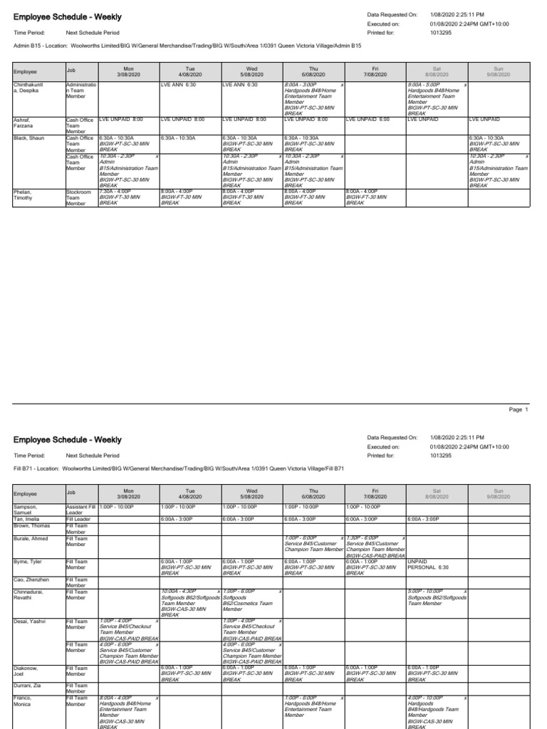Employee Schedule - Weekly | PDF | Retail Companies | Retailers