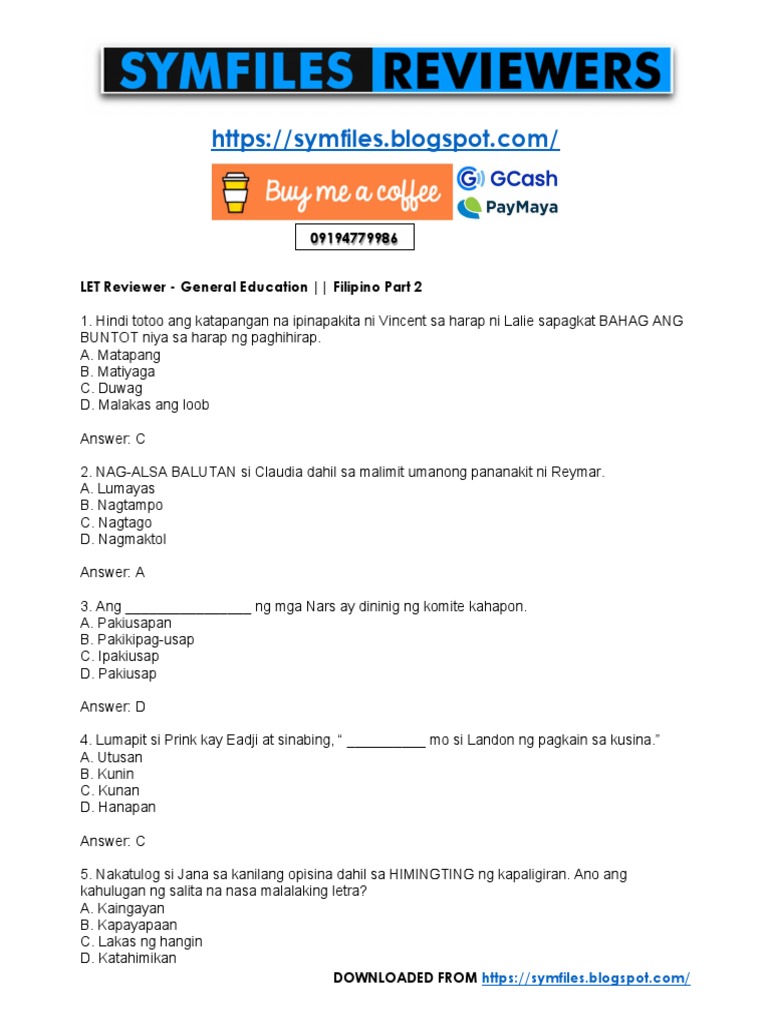 LET Reviewer - General Education - Filipino Part 2 | PDF