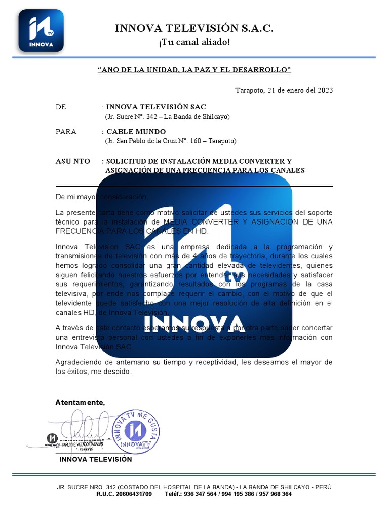 Carta de Solicitud Cable Mundo - Innova Television | PDF
