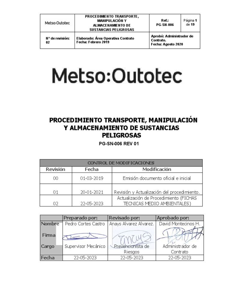 PG-SN-011 Transporte, Manipulación y Almacenamiento de Sustancias Peligrosas | PDF | Ácido | Agua