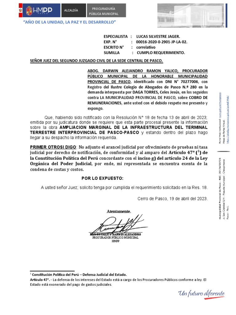 Escrito A PJ Cumpliendo Requerimiento-Obra Terminal Terrestre | PDF | Gobierno | Justicia