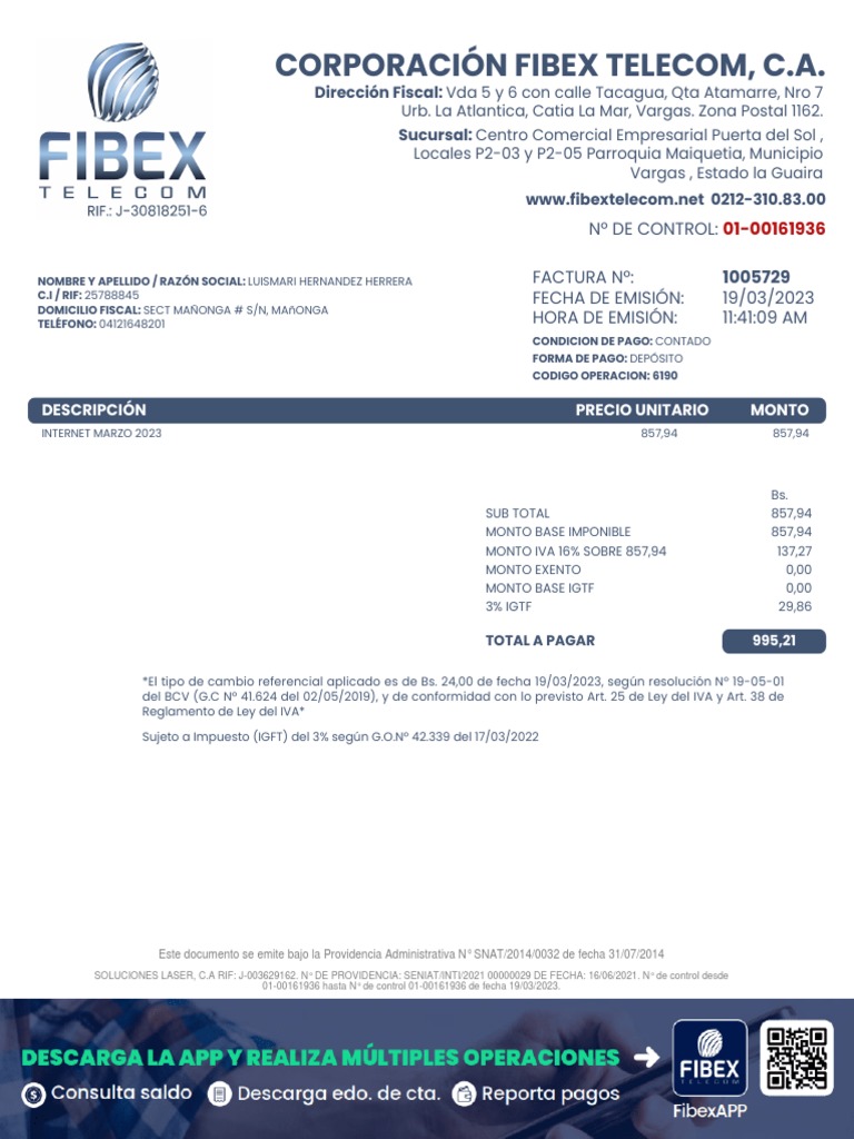 Factura Fibex Telecom - Marzo 2023 | PDF | Finanzas del gobierno | Pagos