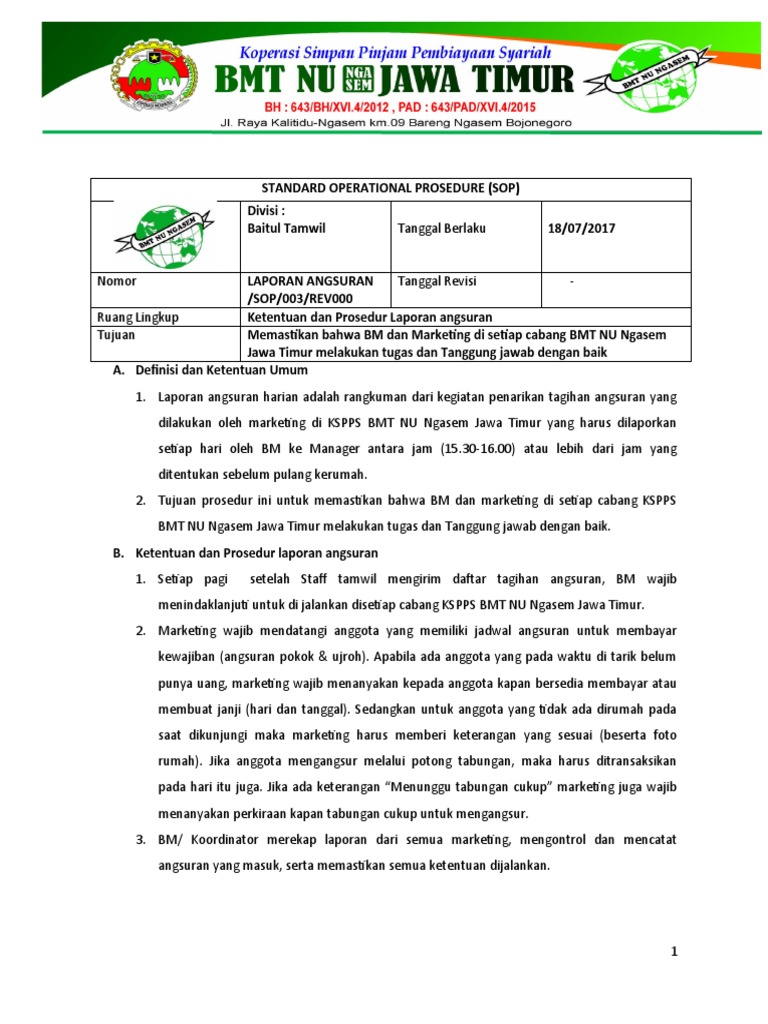 Sop Laporan Angsuran Harian BM Baitul Tamwil | PDF