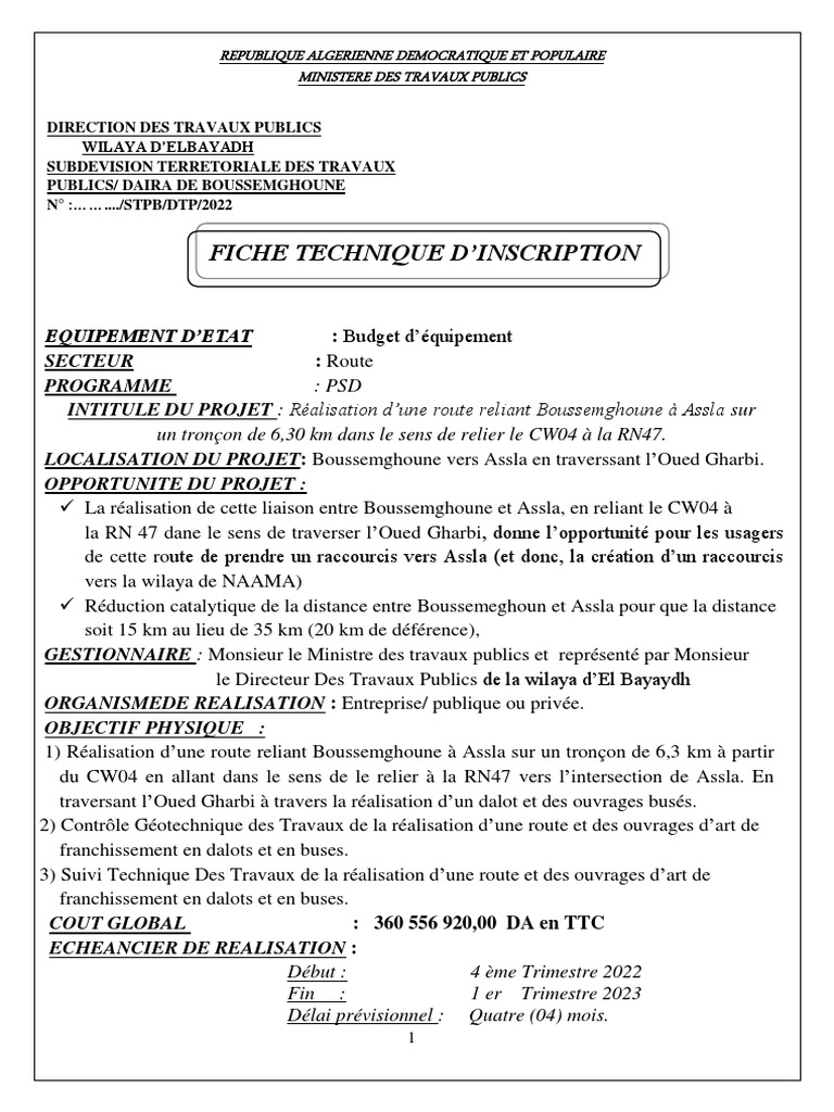 Route Boussemghoune-Assla: Projet 6,3 km | PDF | Taxe sur la valeur ...
