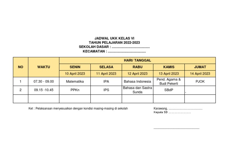 Jadwal UKK Kelas VI TP 2022-2023 | PDF