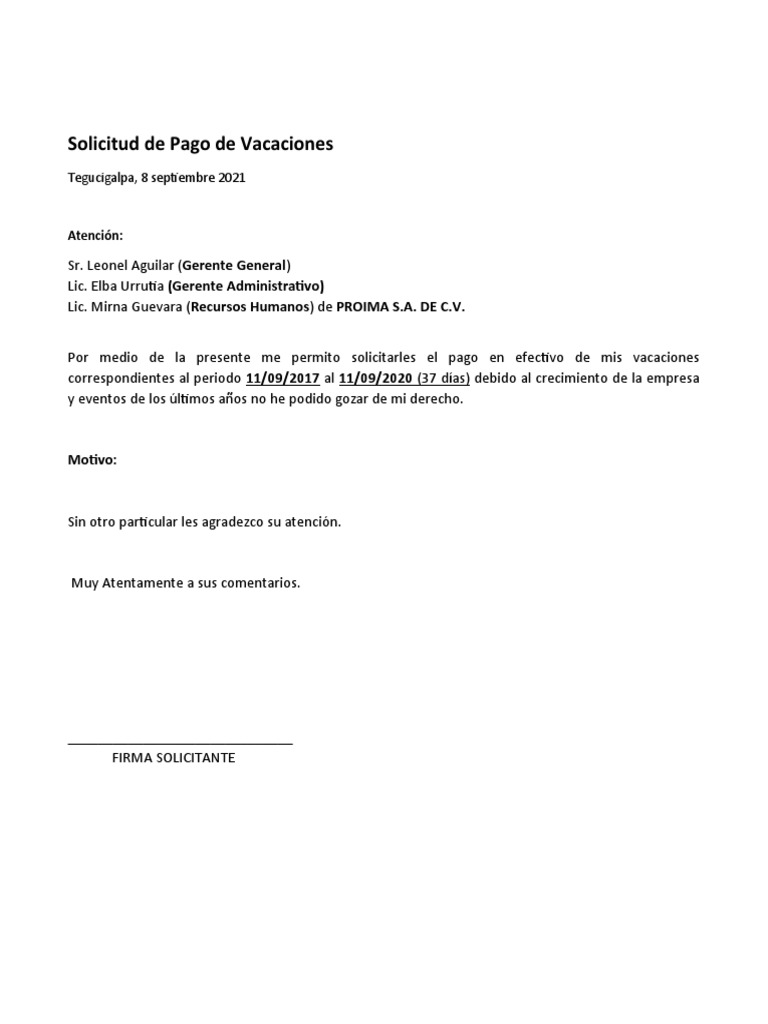 Formato Solicitud de Pago de Vacaciones | PDF