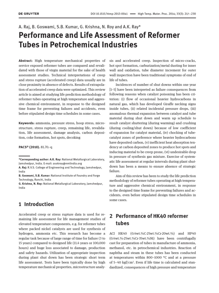 10.1515 - htmp-2013-0041 Performance and Life Assessment of Reformer ...
