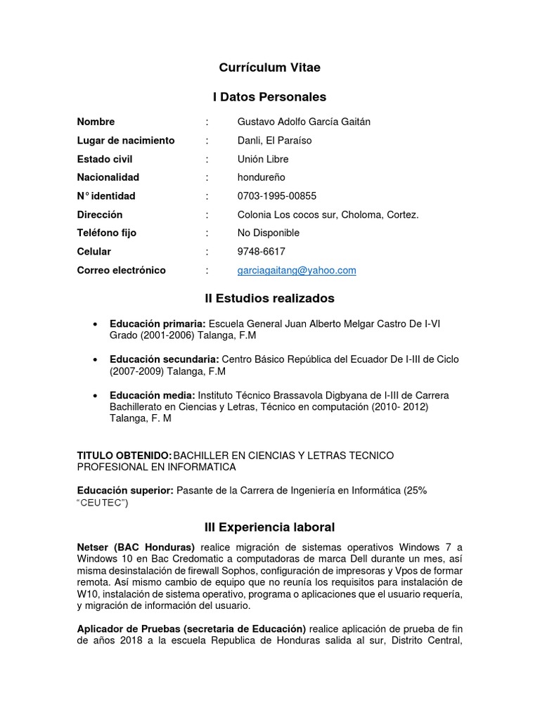 Currículum Vitae 1 | PDF | Honduras | Windows 10