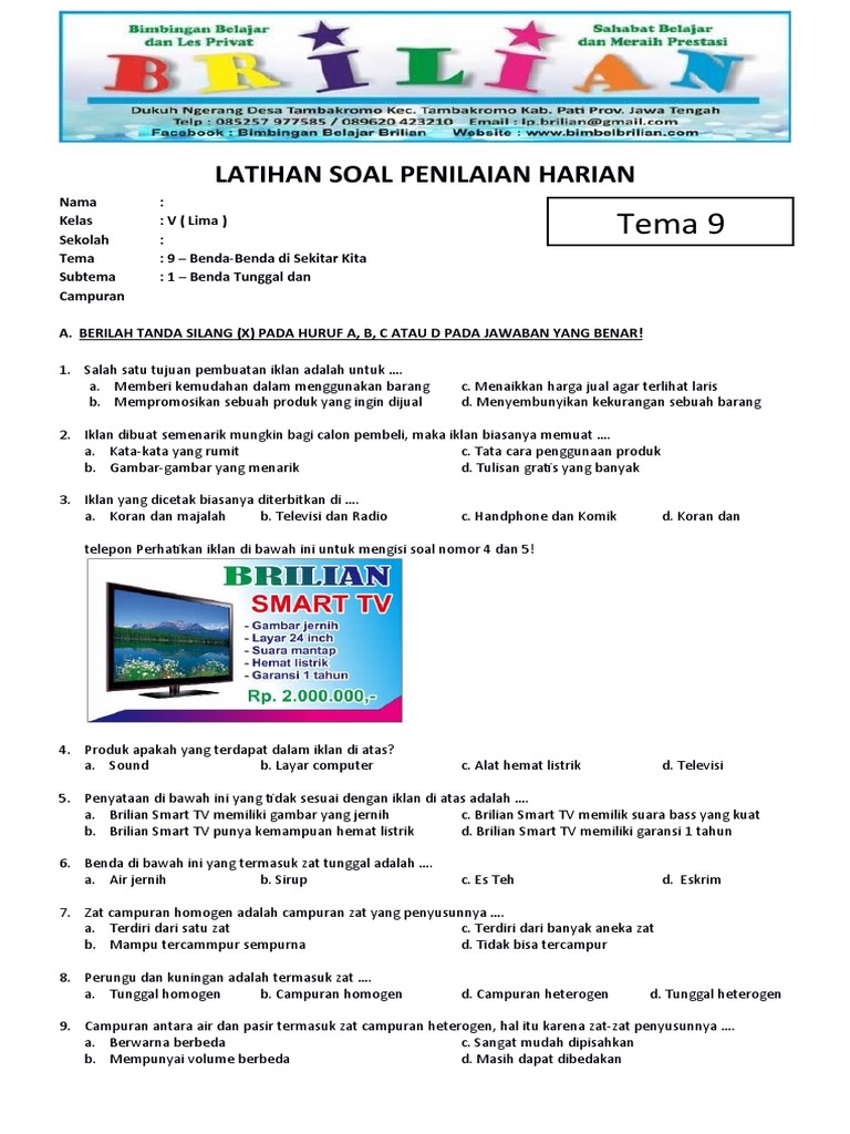 Soal Tematik Kelas 5 SD Tema 9 Subtema 1 Benda Tunggal Dan Campuran - WWW - Bimbelbrilian | PDF