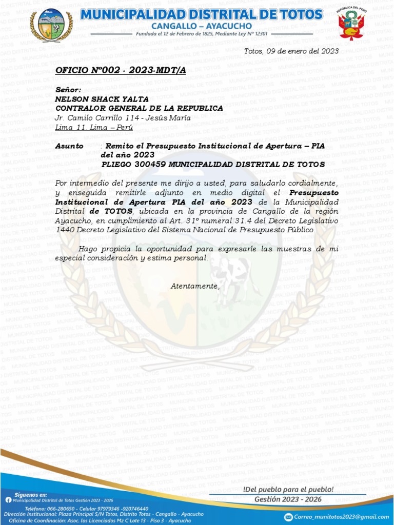 Oficio #002-2023-Mdta Contraloria | PDF