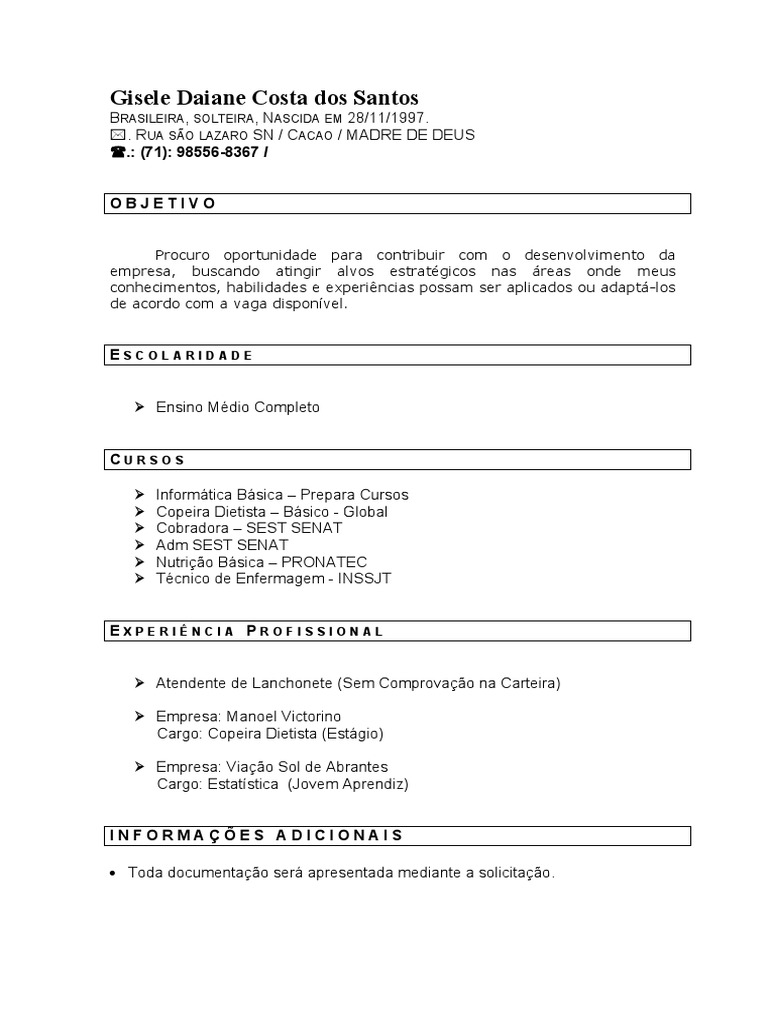 Cópia de Currículo Gisele Daiane | PDF