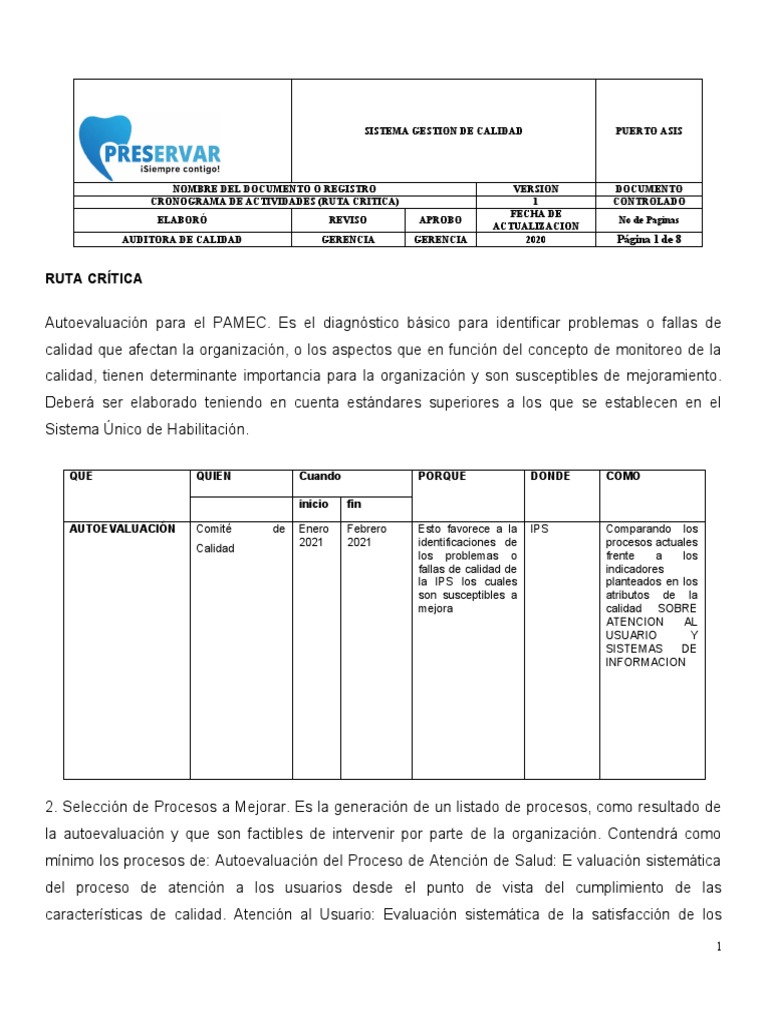 Cronograma de Actividades (Ruta Critica) | PDF | Sistema de manejo de calidad | Auditoría