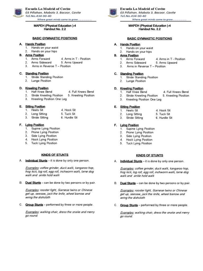 Basic Gymnastic Positions & Stunts Guide | PDF | Language Arts & Discipline