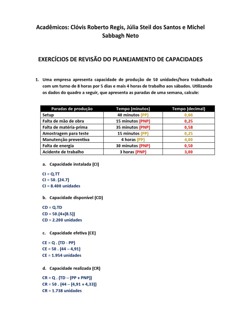 Cálculo de Capacidades de Produção | PDF