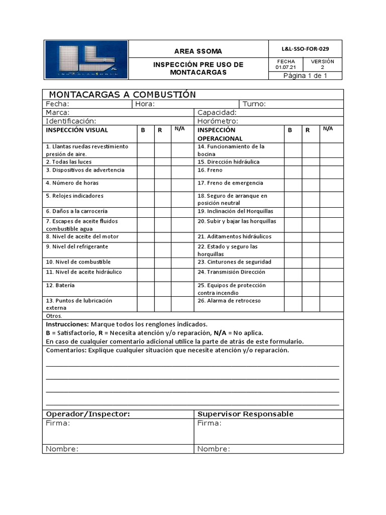 Inspección Pre Uso de Montacargas | PDF | Máquina elevadora | Vehículo ...