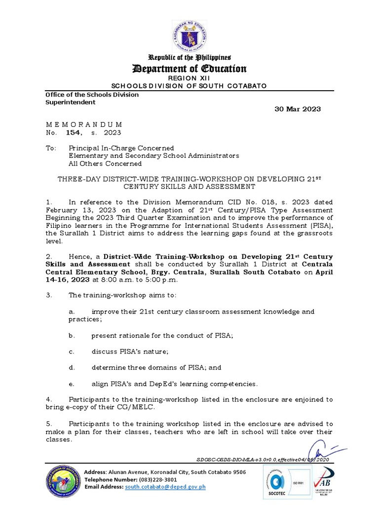 MLA No. 154 S. 2023 THREE DAY DISTRICT WIDE TRAINING WORKSHOP ON ... MLA No. 154 S. 2023 THREE DAY DISTRICT WIDE TRAINING WORKSHOP ON ...