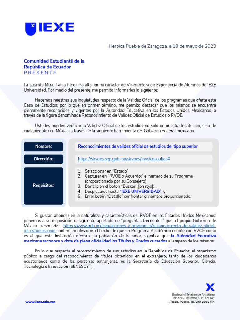 Comunicado IEXE Mayo2023 | PDF | Titulo academico | Educación más alta