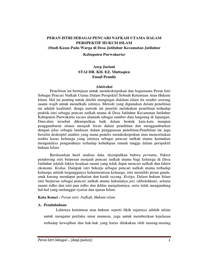 Peran Istri Sebagai Pencari Nafkah Utama Dalam Perspektif Hukum Islam Pdf