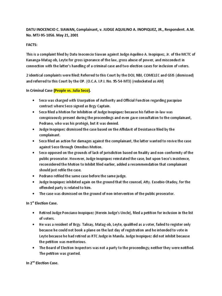 Datu Inocencio C. Siawan vs. Judge Aquilino A. Inopiquez Jr. | PDF ...