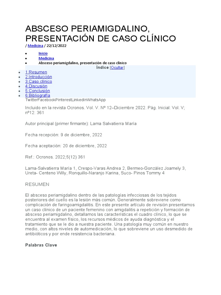 Absceso Periamigdalino Caso Clinico | PDF | Penicilina | Medicina CLINICA