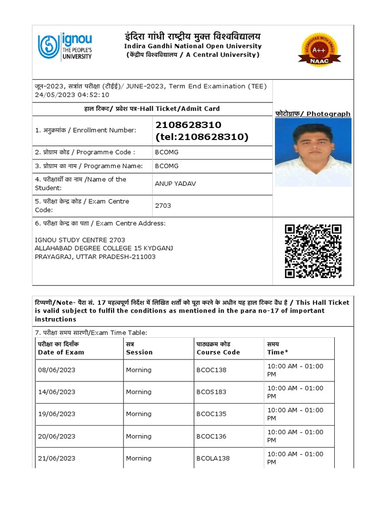 Ignou June-2023 - Hall Ticket-Admit Card | PDF
