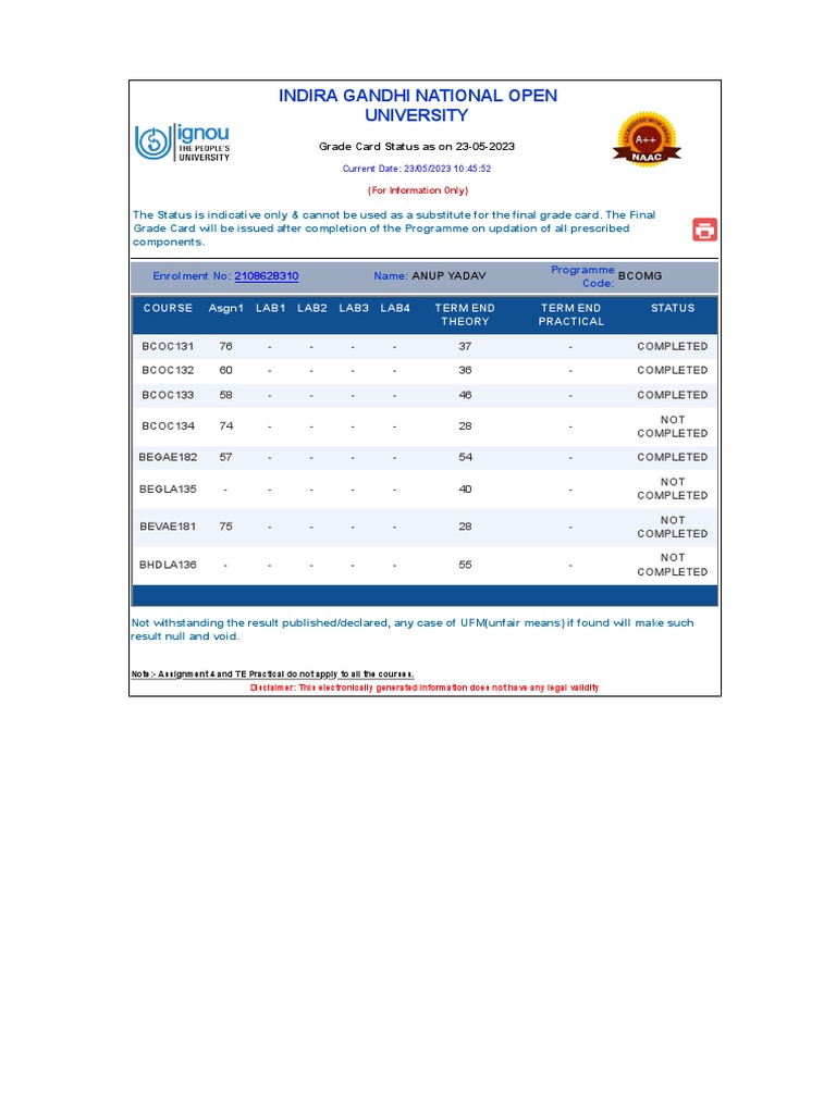 IGNOU Grade Card | PDF | Computer Programming | Computing