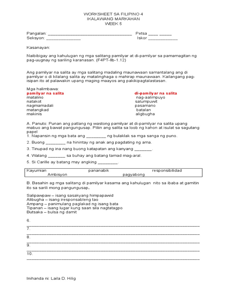 Worksheet Sa Filipino 5 Q2 | PDF