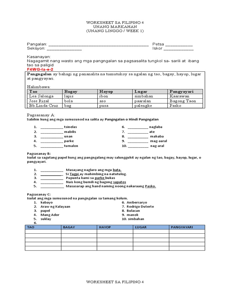 Worksheet Q1 Pangngalan | PDF