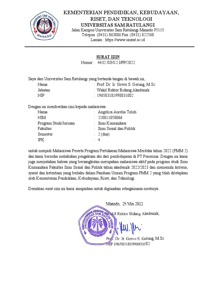 Contoh Surat Izin Pertukaran Mahasiswa | PDF