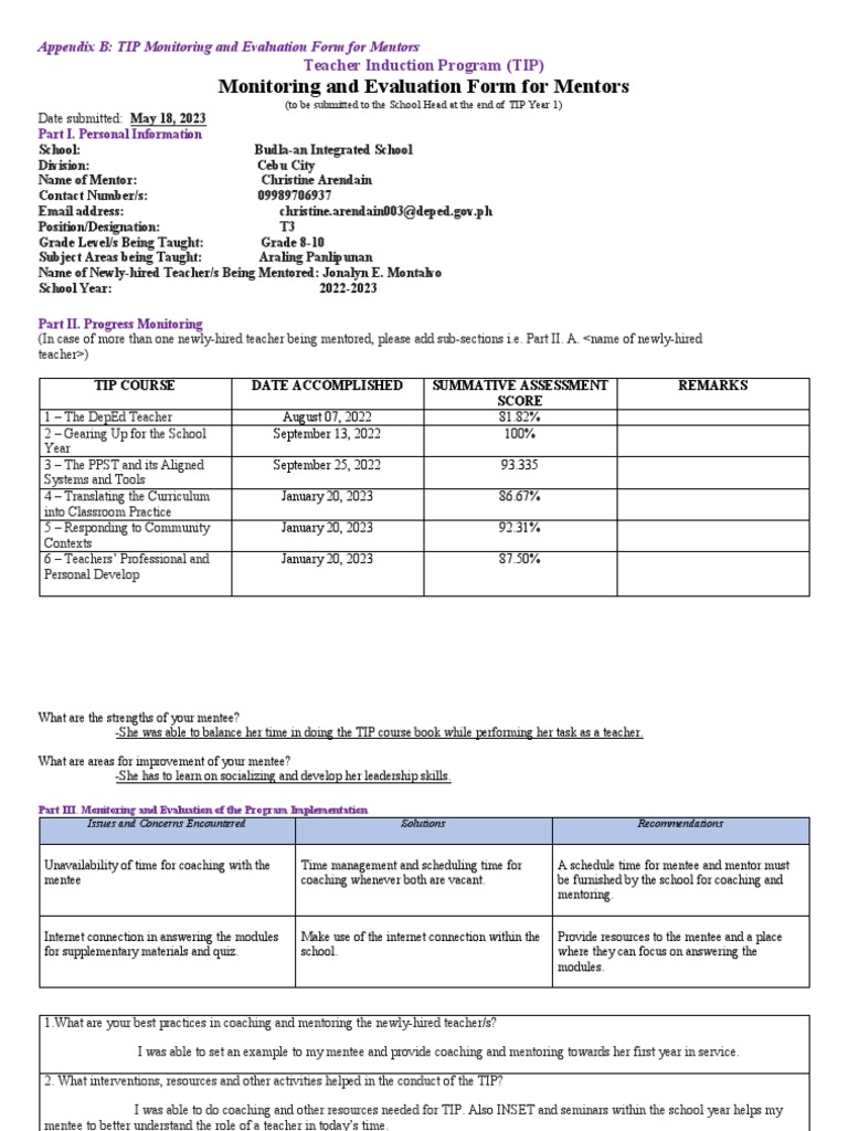 Mentoring And Evaluation Form Pdf Mentorship Teachers