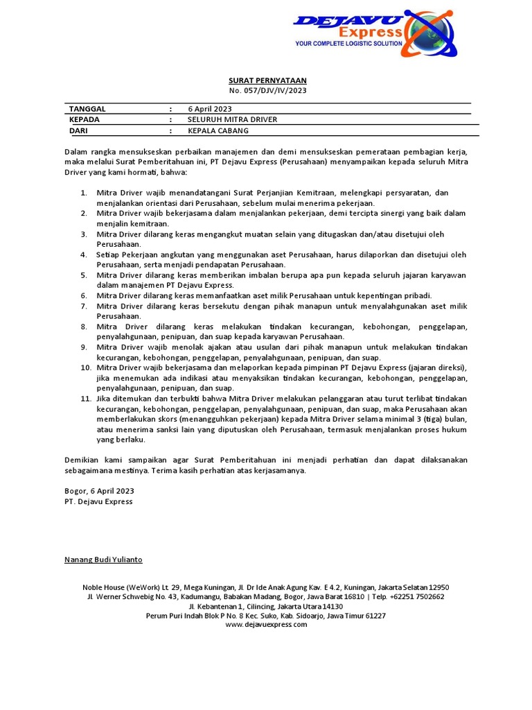 Surat Pemberitahuan Driver 20230331 (1) | PDF
