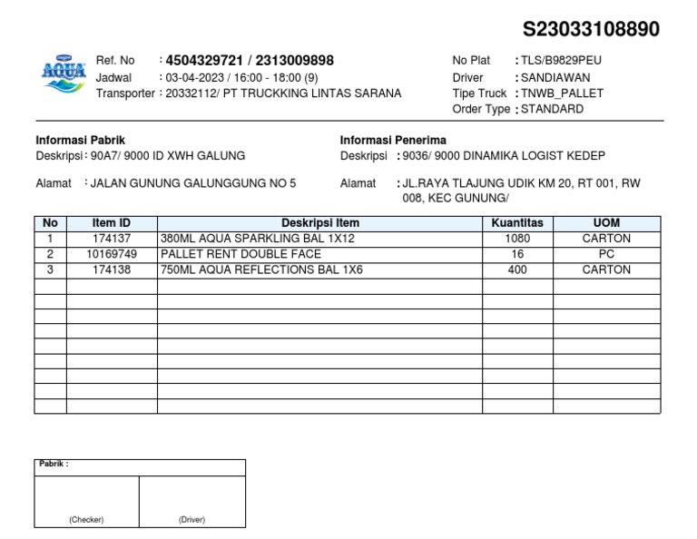 Shipment Ticket Sandiawan | PDF