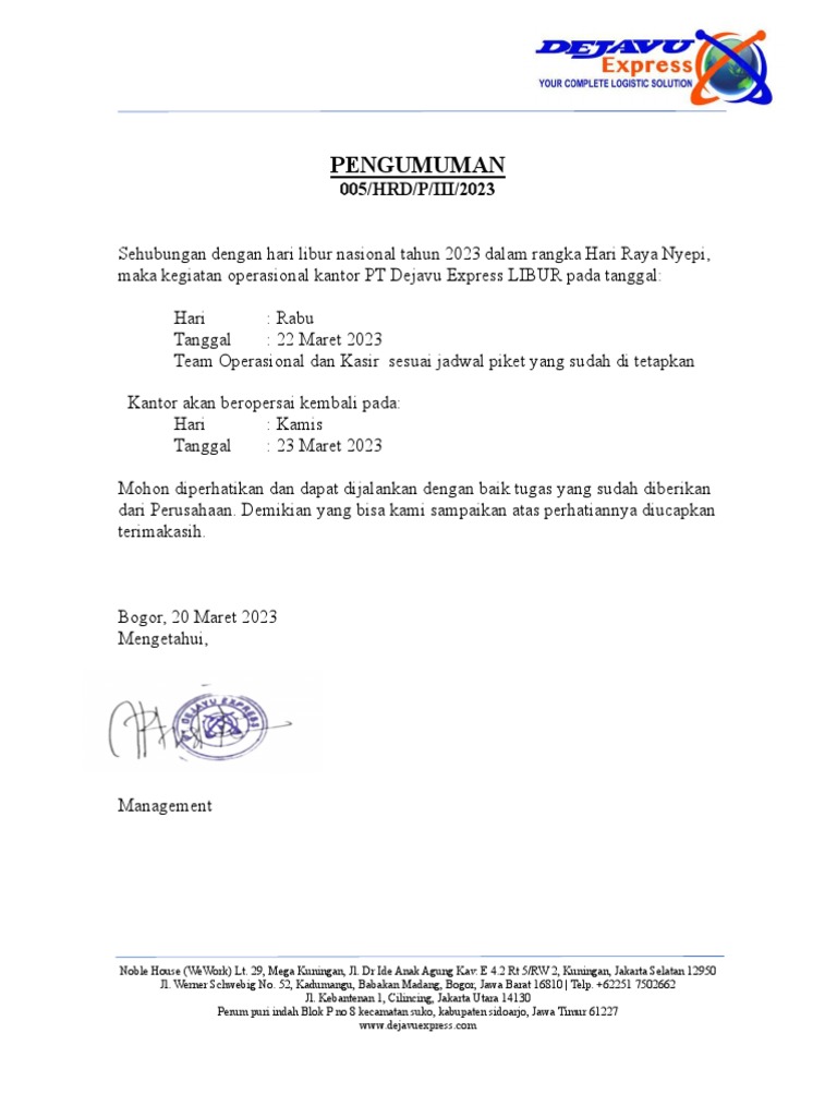 Libur Nasional Nyepi 2023 PT Dejavu Express | PDF